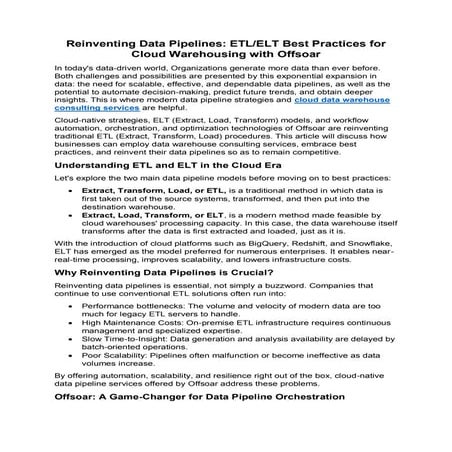 Modernizing Data Pipelines: ETL & ELT Best Practices for Cloud Warehousing with Offsoar | PDF