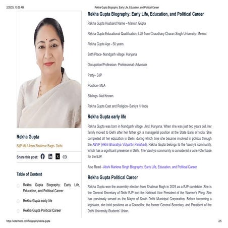Rekha Gupta Biography_ Early Life, Education, and Political Career | PDF