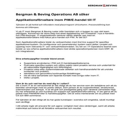 Bergman & Beving IT Applikationsförvaltare Integration | PDF