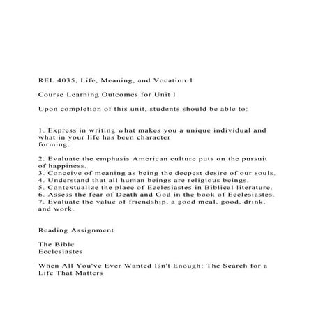 REL 4035, Life, Meaning, and Vocation 1 Course Lear.docx