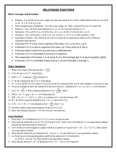 Relations And Functions Assignment 2019 20 Pdf Programming