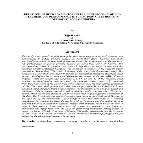 RELATIONSHIP BETWEEN MENTORING TRAINING PROGRAMME AND TEACHERS’ JOB PERFORMANCE IN PUBLIC ...