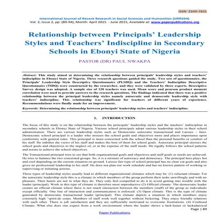 Relationship between Principals’ Leadership Styles and Teachers ...