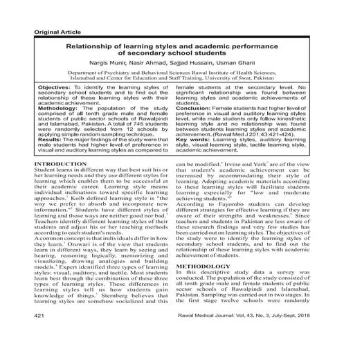 Relationship of learning styles and academic performance of secondary school students | PDF