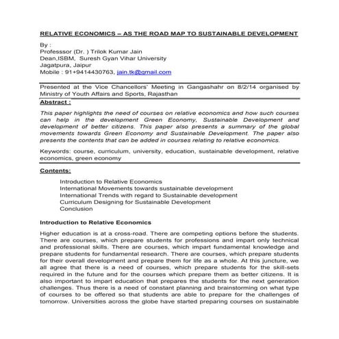 Relative economics – as the road map to sustainable development revised ...