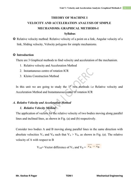 Velocity And Acceleration Analysis By Graphical Methods Ppt