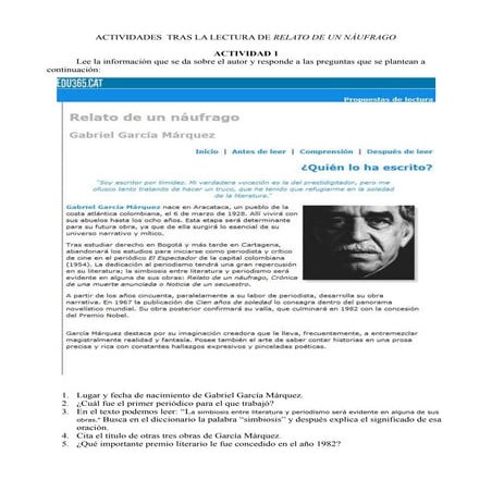 Actividades después de la lectura de Relato de un náufrago | PDF