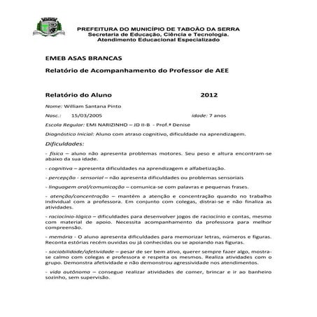 Relatório de acompanhamento do professor de aee | PDF