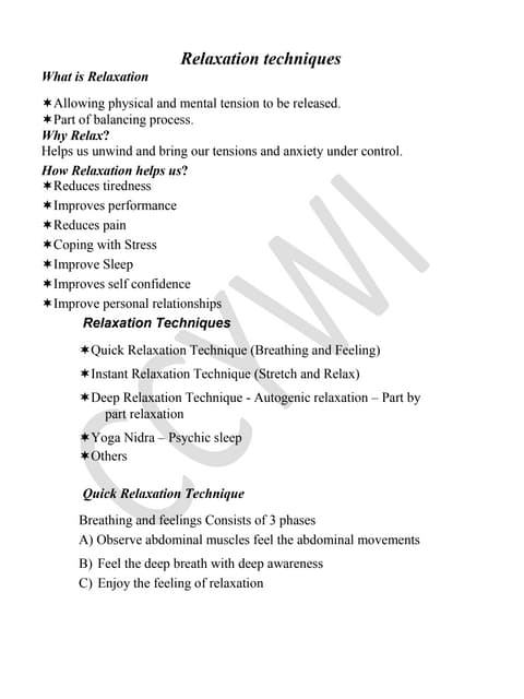 Jacobsons progressive muscle relaxation technique | DOCX