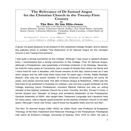 THE RELEVANCE OF DR SAMUEL ANGUS FOR THE CHRISTIAN CHURCH IN THE TWENTY ...