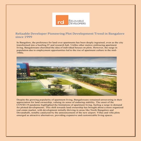 Reliaable Developer Pioneering Plot Development Trend in Bangalore ...