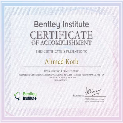 Certificate of Completion "Reliability Centered Maintenance Drives ...