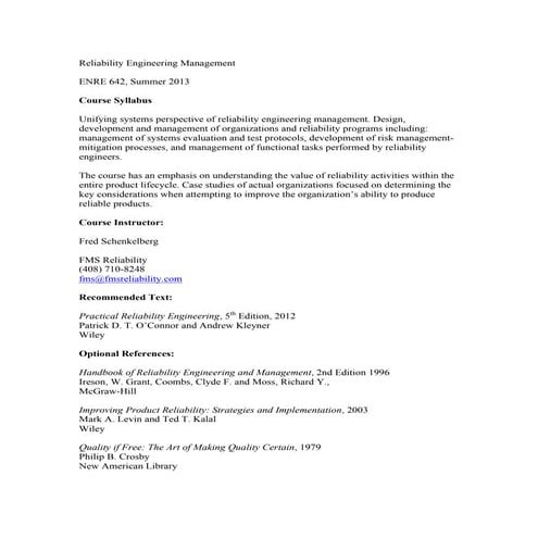 Reliability engineering management syllabus | PDF | Educational ...