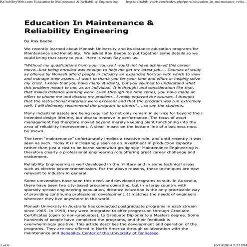 Education In Maintenance & Reliability Engineering | PDF | Postgraduate Education | College ...