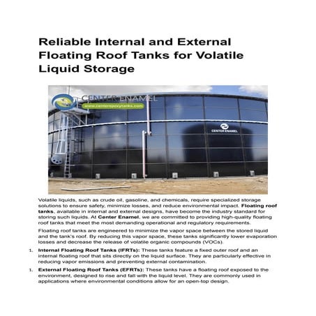 Reliable Internal and External Floating Roof Tanks for Volatile Liquid ...