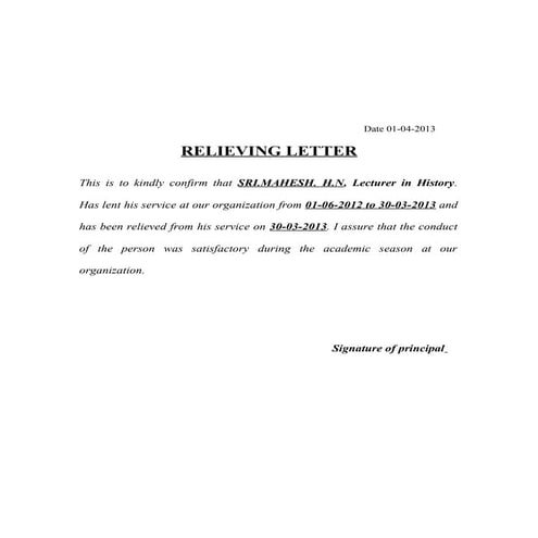 Relieving letters and format | DOC