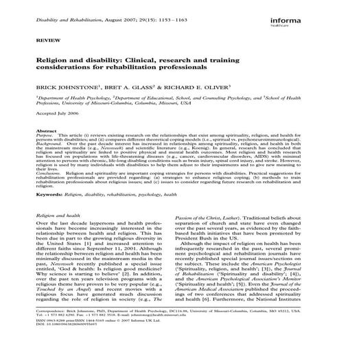 Religion And Disability Clinical, Research And Training Considerations ...