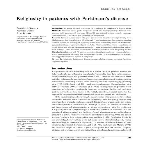 Religiosity in patients with parkinson's disease (mc namara et al. 2006 ...