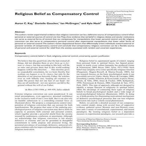 Religious belief as compensatory control (kay et al. 2010) | PDF