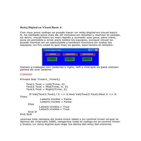 Reloj digital en visual basic 6 | DOCX