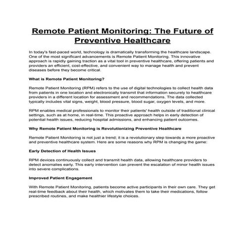 Remote Patient Monitoring: The Future of Preventive Healthcare | PDF