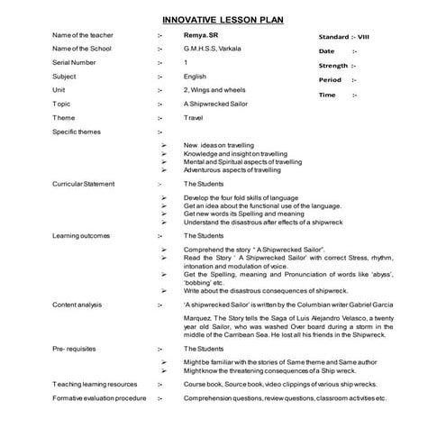 INNOVATIVE LESSON PLAN - A Shipwrecked Sailor | DOCX