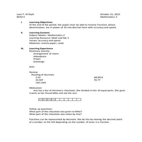 Renaming decimals lesson plan Grade 5 Math | DOCX