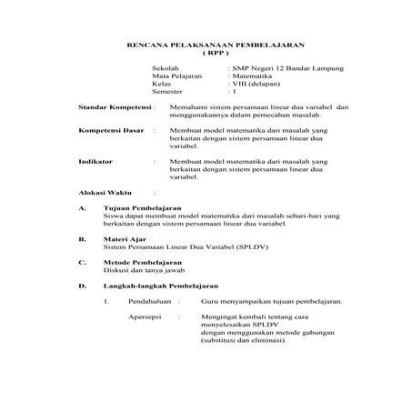 Rencana pelaksanaan pembelajaran matematika kelas viii | DOCX