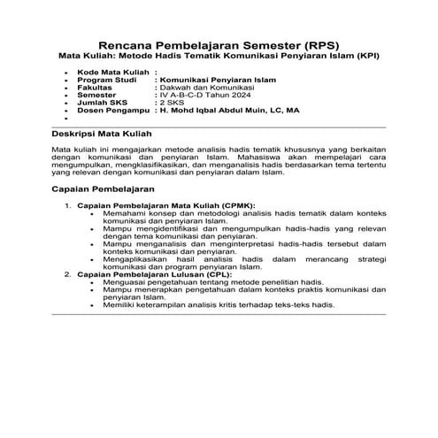 Rencana Pembelajaran Semester SM IV KPI.docx