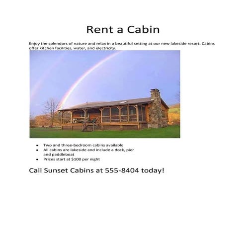 Rent a cabin | DOCX | Cruises | Travel Type