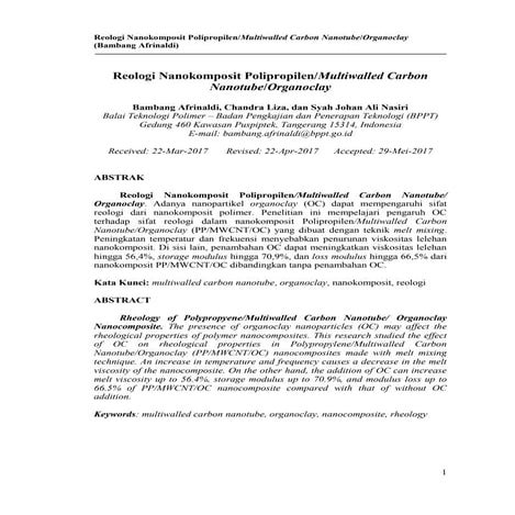 Reologi nanokomposit polipropilen/mwcnt/organoclay | PDF
