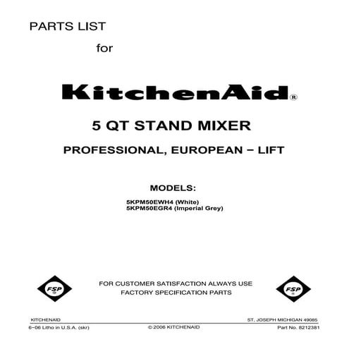 Replacement Parts List for KitchenAid Stand Mixer | PDF