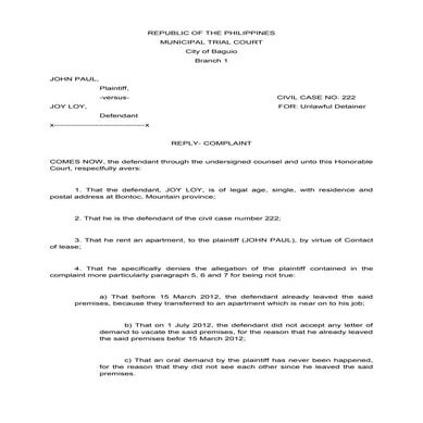 Reply on complaint | PDF