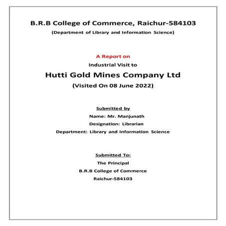 Industrial Visit to Hutti Gold Mines | DOCX