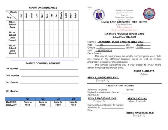 SF9 Card Grade I Sample Template 2025-2026 | DOCX