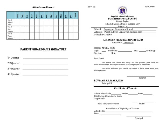 SF9 Card Grade I Sample Template 2025-2026 | DOCX