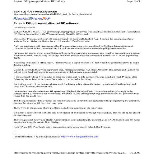 Report Piling Trapped Diver At Bp Refinery | PDF