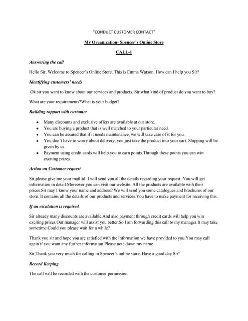 Call center mock calls script sample | DOCX