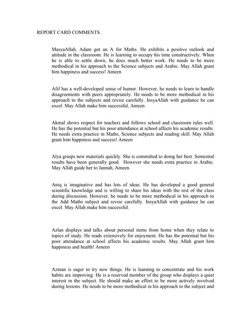 REPORT CARD COMMENTS SAMPLE FOR ISLAMIC SCHOOL | DOC | Islam | Religion ...