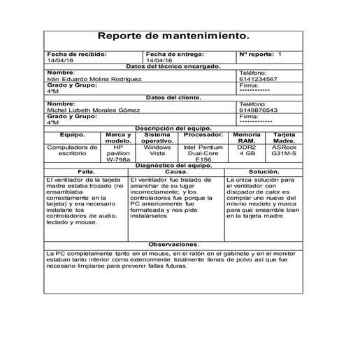 Reporte de mantenimiento | DOCX