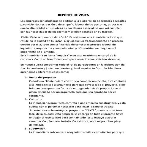 Reporte de visita a una constructora | PDF