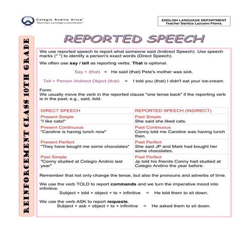 Reported Speech 10th grade | PDF