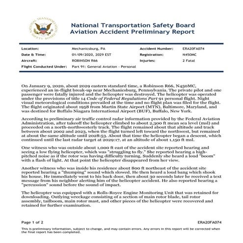 NTSB Preliminary Report on fatal Mechanicsburg, PA helicopter crash | PDF