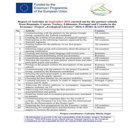 Report of Erasmus+ Activities in September 2016 | DOC