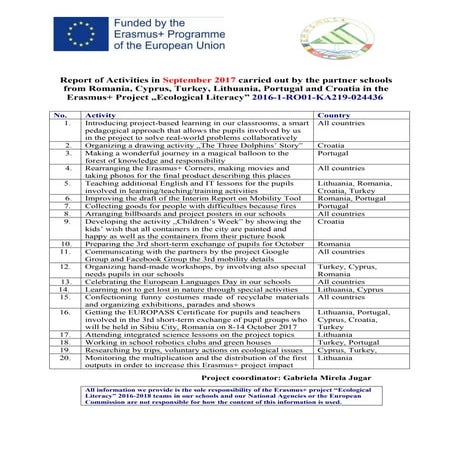 Report of Erasmus+ Activities in September 2017 | DOC | Secondary Education | Education
