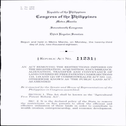 Republic Act 11231 "PUBLIC LAND ACT OF THE PHILIPPINES" | PDF