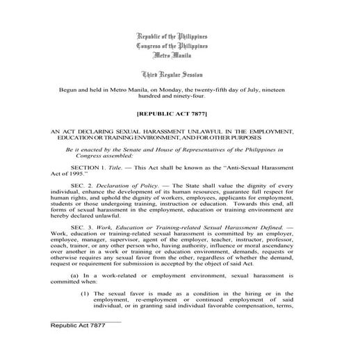 RA 7787 - "ANTI SEXUAL HARASSMENT ACT OF 1995" | PPTX