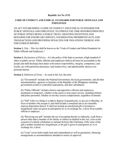 RA 6713 Code of Ethical Standards for Public Officials and Employees in ...
