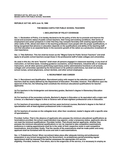 R.a.4670 magna carta for public school teachers | PPTX