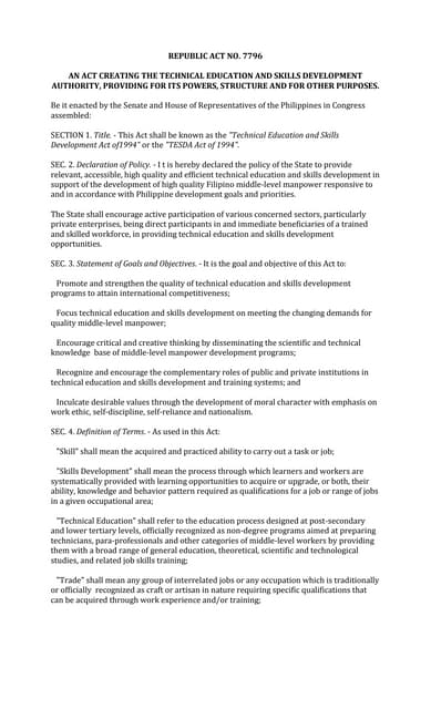 RA 7796: TESDA ACT OF 1994 | PPTX